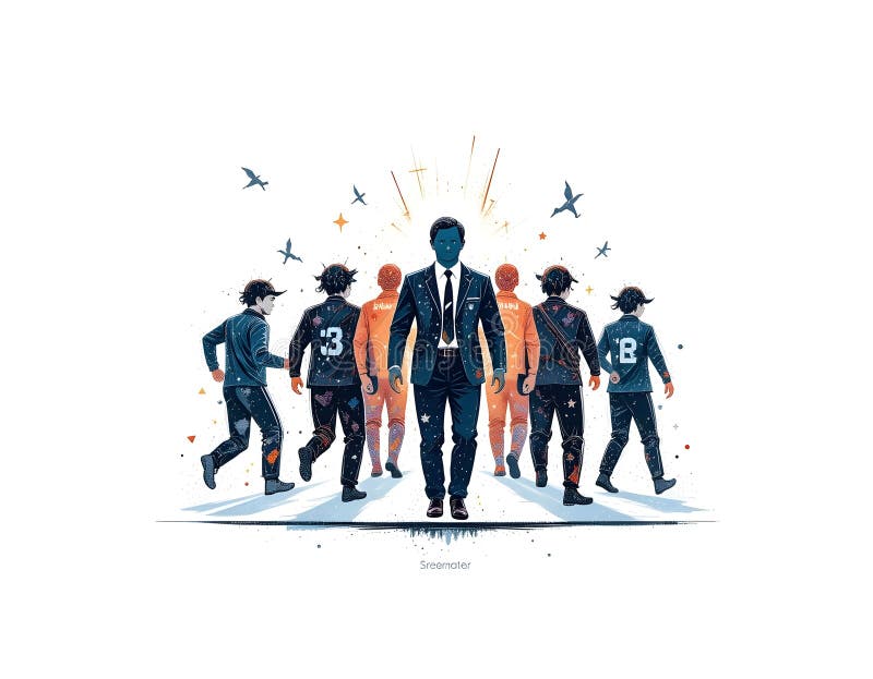 Leading the Way Group of Figures Walking Forward with Light Stock Photo ...