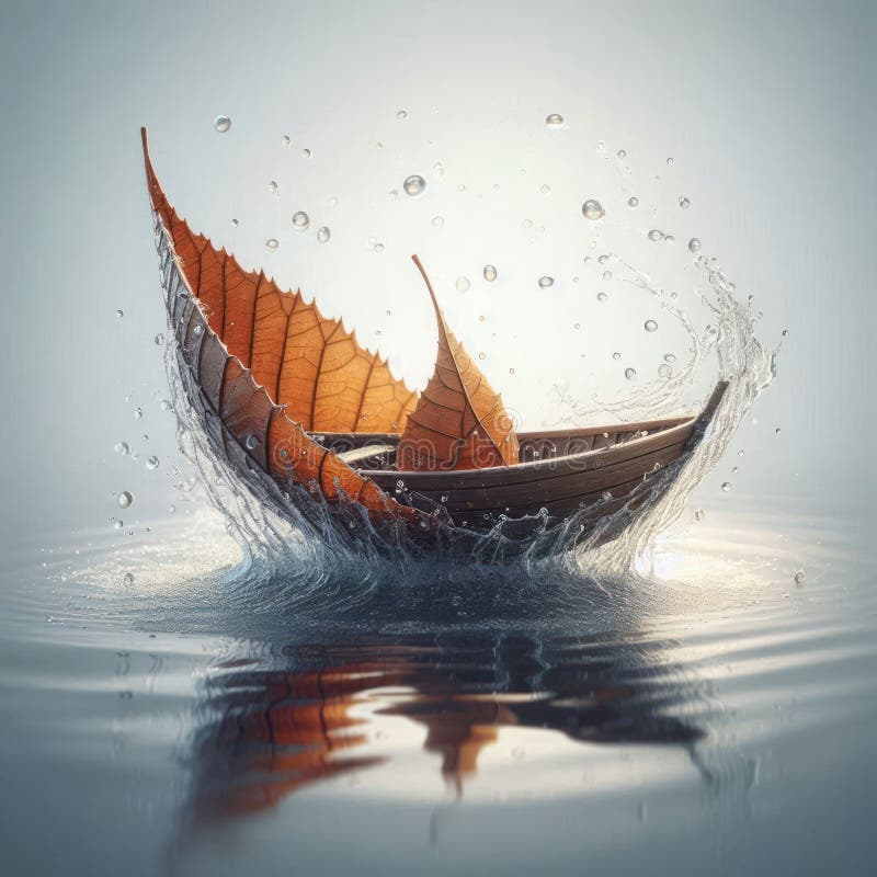 Leaf-boat Falling into the Water with Splashes. Stock Photo - Image of ...