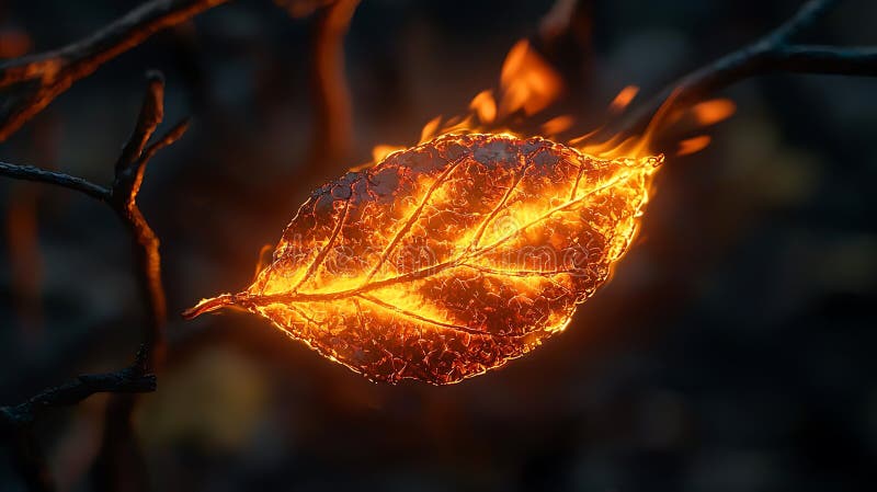 A Leaf Catches Fire on a Dark Branch, Glowing with Intense Heat and ...