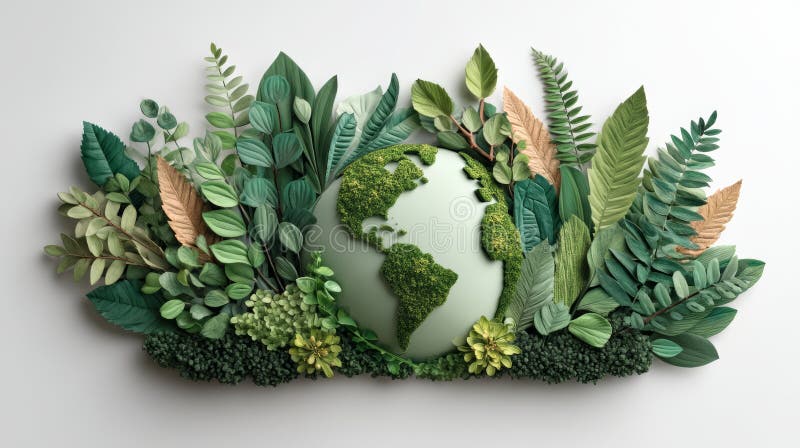 Leaf Collage Shaped Like Earth Surrounded by Lush Greenery and Natural ...