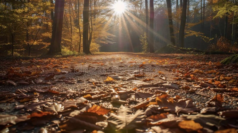 A Leaf Covered Path Lit Up by the Sun and Creating a Beautiful Contrast ...