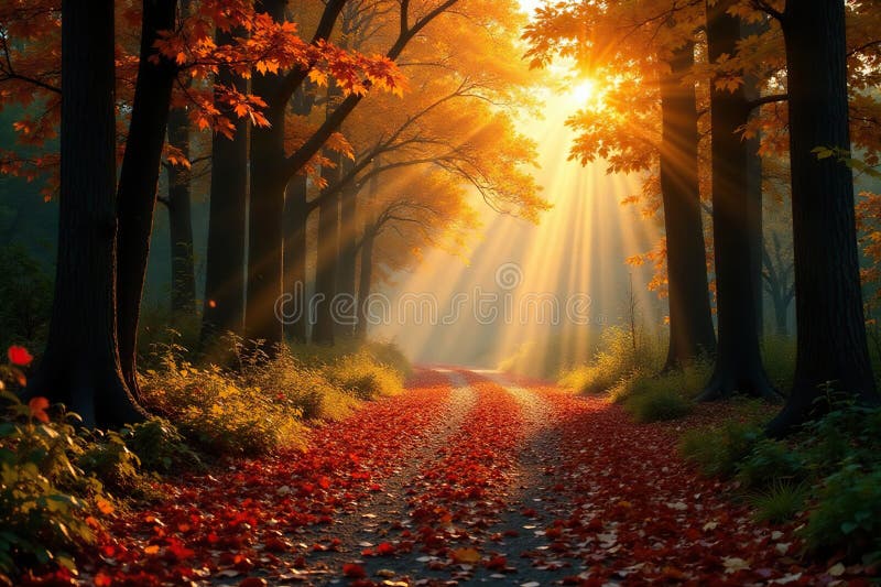 Leaf-covered Path Stretches into Fading Light Peaceful Scene Forest ...