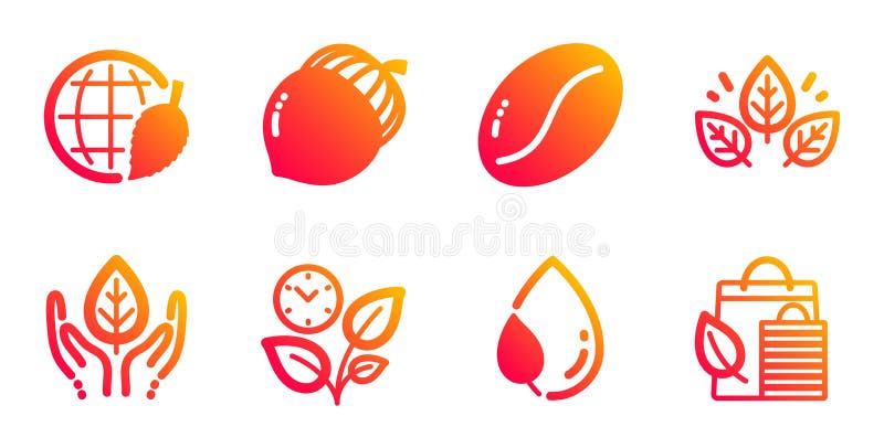 Leaf Dew, Organic Tested and Acorn Icons Set. Fair Trade, Coffee Beans ... Leaf Dew, Organic Tested and Acorn Icons Set. Fair Trade, Coffee Beans ...