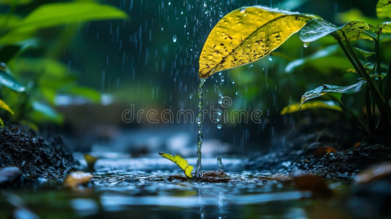 A Leaf Dripping Water into a Stream during a Rain Shower Stock ...