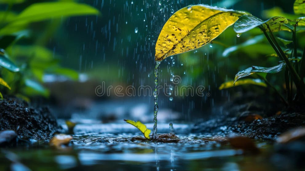 A Leaf Dripping Water into a Stream during a Rain Shower Stock ...
