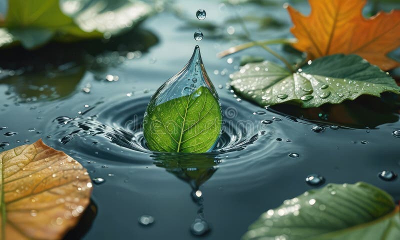A Leaf is Falling into a Body of Water, with a Drop of Water Splashing Up Behind it. Stock ...