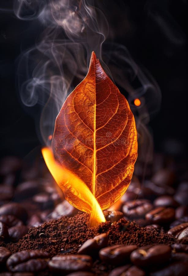 A Leaf is on Fire and Surrounded by Coffee Beans Stock Photo - Image of ...