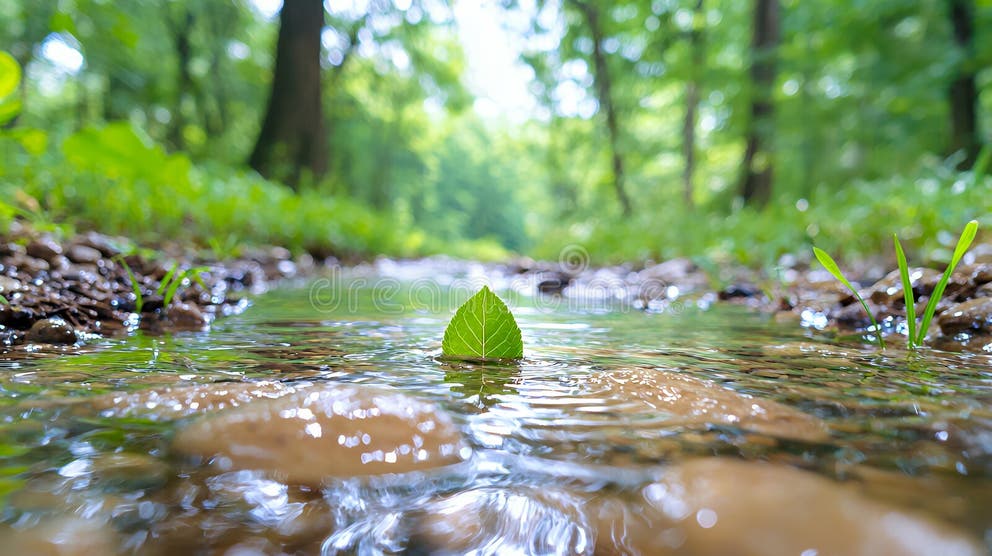 Leaf Floating in Stream with Forest Backdrop Water Reflection Stock ...