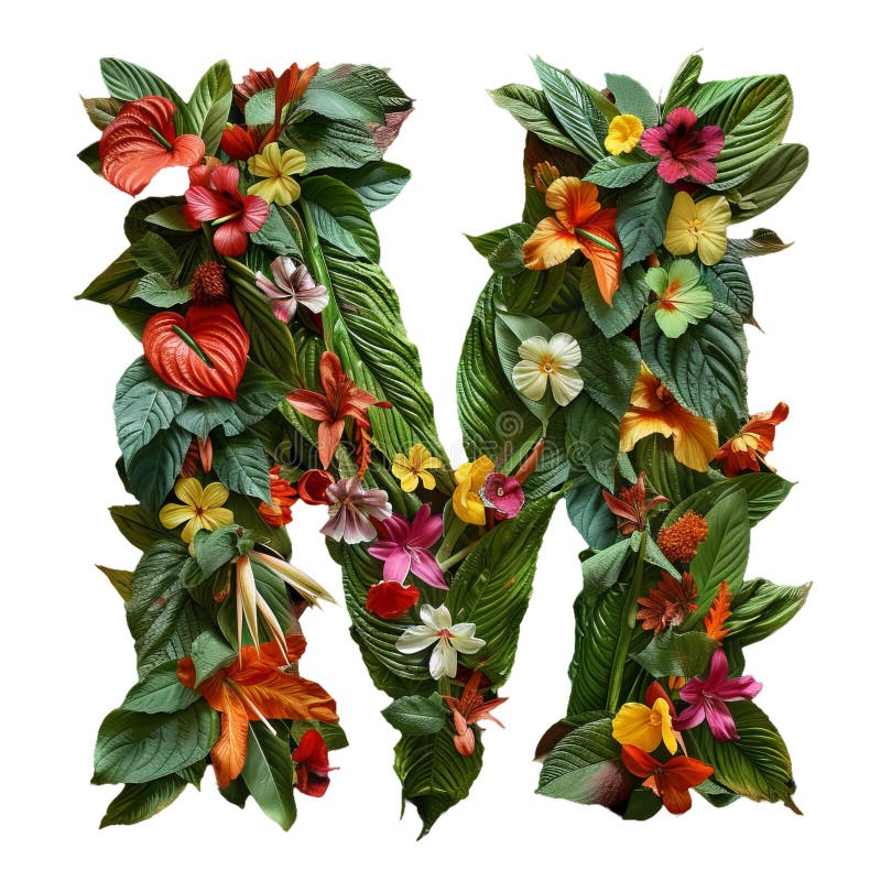 Leaf Font M Isolated on a White Background with Various Leaves and ...