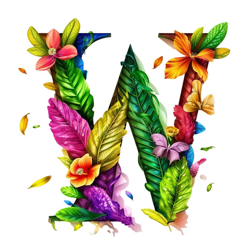Leaf Font W Isolated on a White Background with Various Leaves and ...