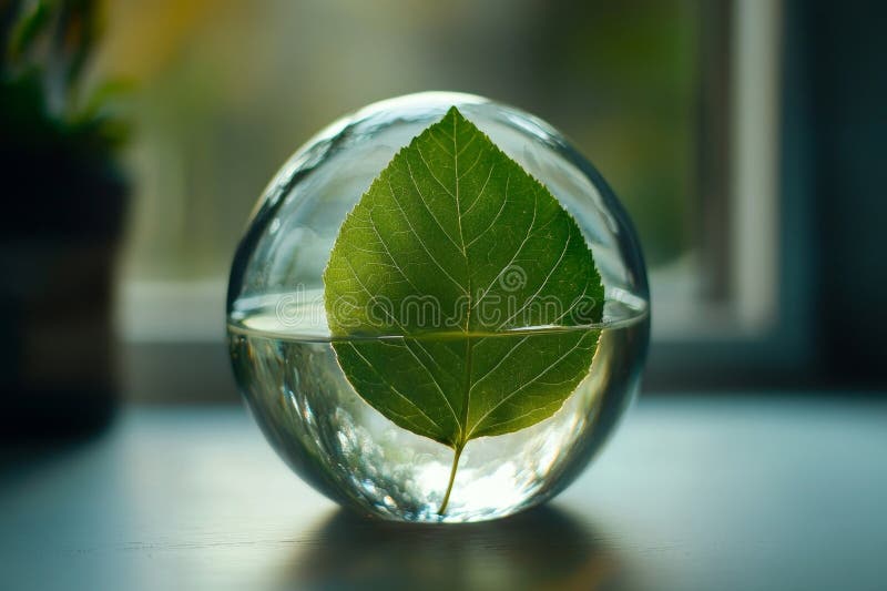 Leaf in Glass Sphere with Water Reflection and Natural Light Stock ...