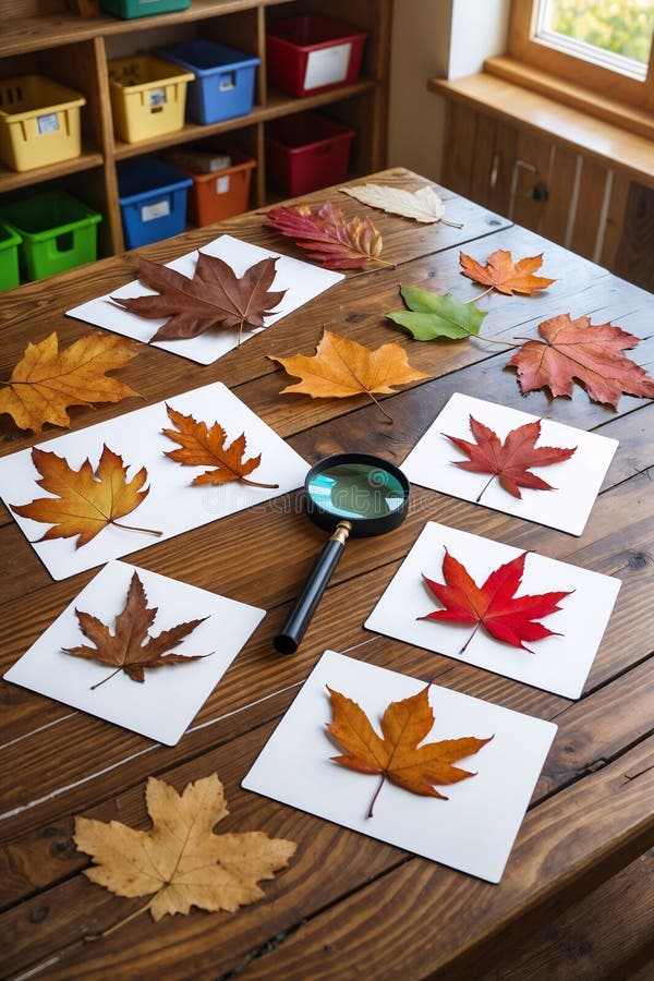 Leaf Identification Activity with Magnifying Glass in Classroom Stock ...