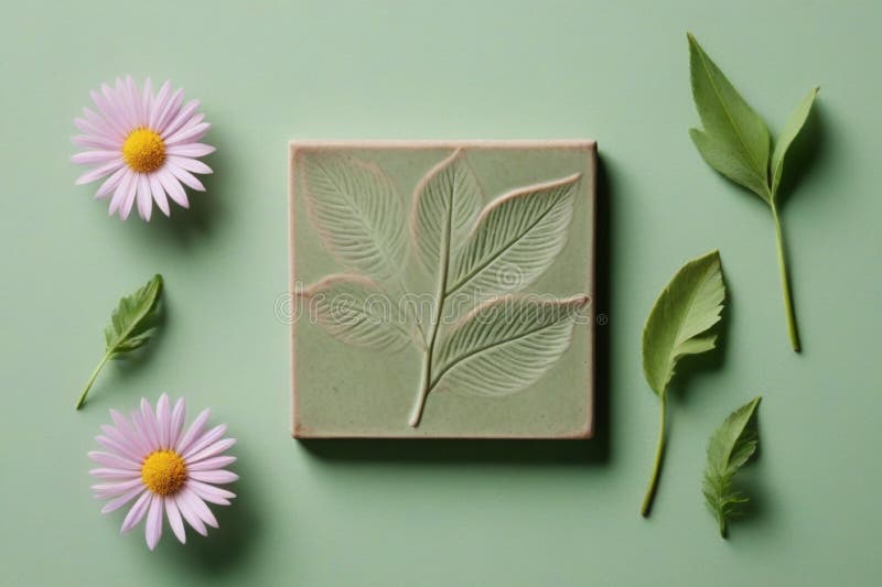 Leaf-Imprinted Clay Tile with Wildflower Petals and Soft Green ...