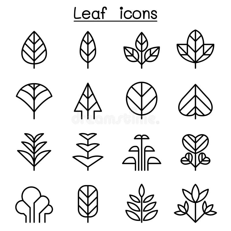 Leaf & Tree Icon Set in Thin Line Style Stock Vector - Illustration of ...