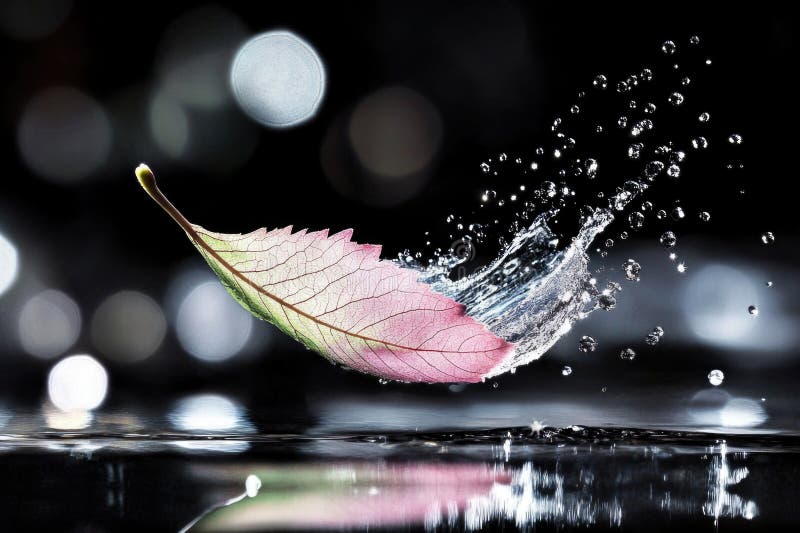 Leaf in Mid-air Splash Surrounded by Bokeh Lights Stock Photo - Image ...
