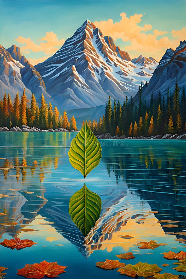 A Leaf and the Mountains in the Reflection of Water, Trees, Blue Sky ...