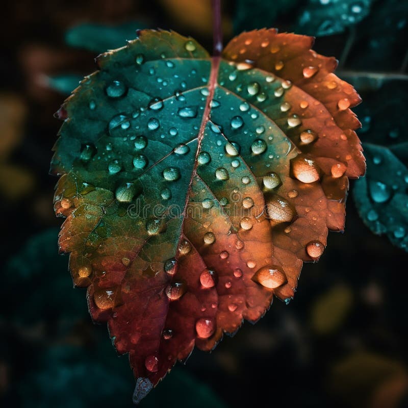 A Leaf with Rain Droplets Against a Backdrop of Colorful Fall Foliage ...