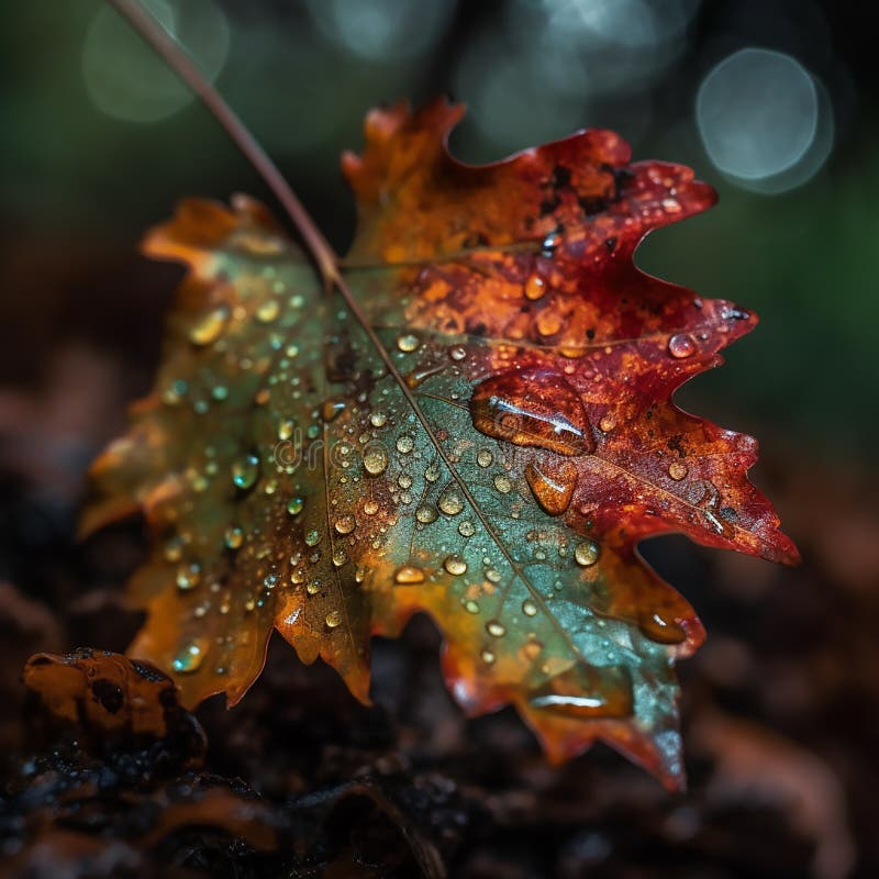 A Leaf with Rain Droplets Against a Backdrop of Colorful Fall Foliage ...
