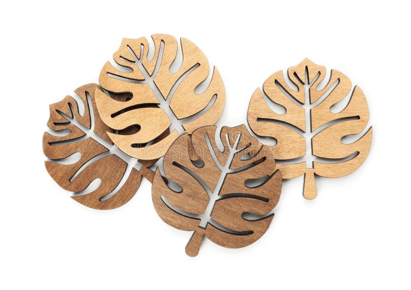 Leaf Shaped Wooden Cup Coasters on White Background, Top View Stock ...