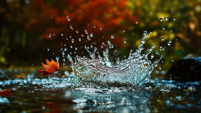 A Leaf Splashing Out of a Puddle of Water in the Fall Stock Image ...