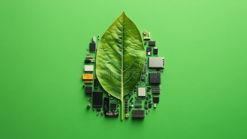 Leaf and Technology Fusion on Vibrant Green Background Explores the ...