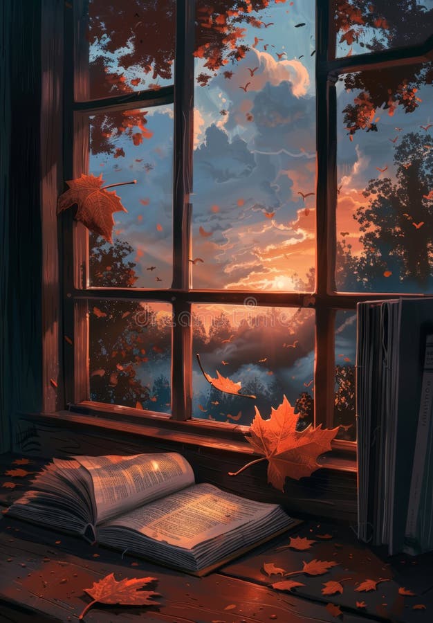 A Leaf is on Top of an Open Book in Front of a Window Stock Image ...