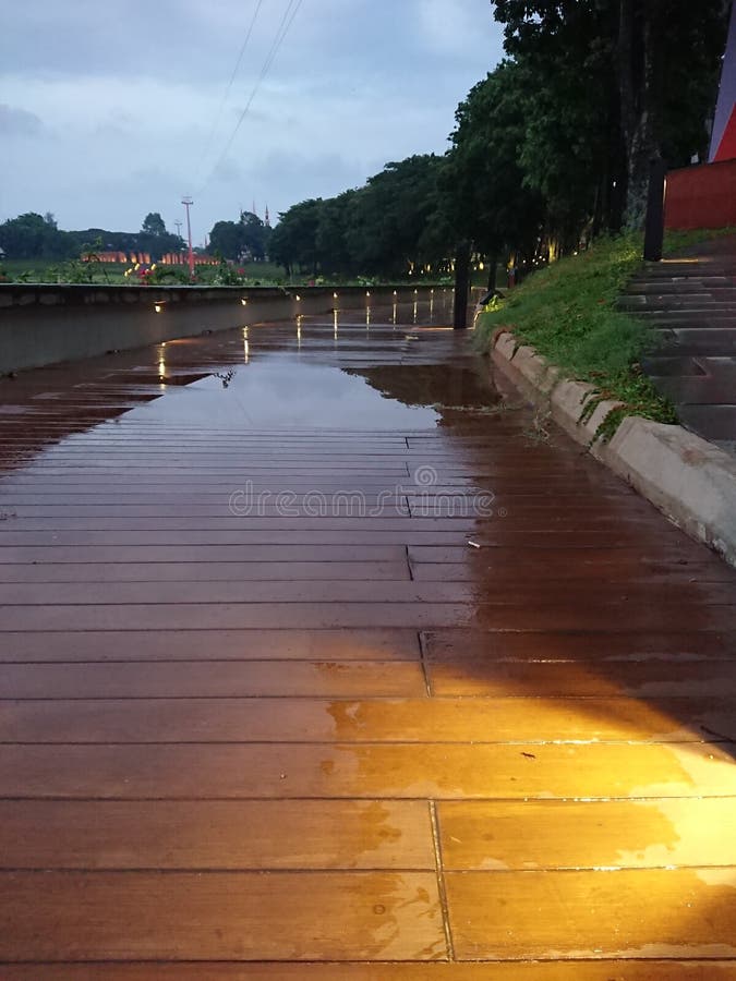 Photo of Wooden Wet Footpath, Foot Path, after Rain in the Evening ...
