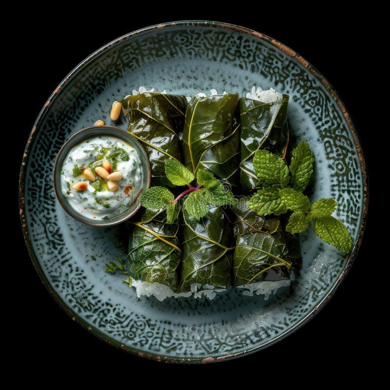 Leaf Wrapped Rolls with Rice on Patterned Plate with Dip Transparent ...