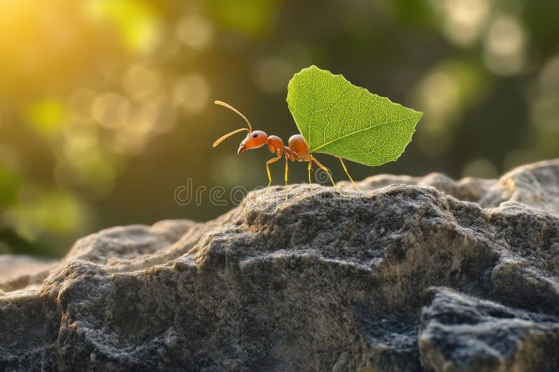 Leafcutter Ant with Leaf in Golden Light on Rocky Background Stock ...