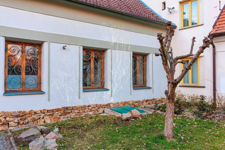 Leafless Tree in Quaint Courtyard with Rustic Windows and Stone Accents ...