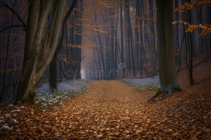 Leaflittered Forest Path with Diffuse Wildflowers at the End Stock ...