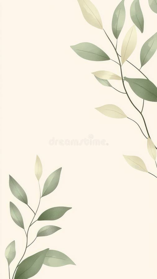 Leafy Borders on Light Beige with Minimalistic Illustrations in Green ...