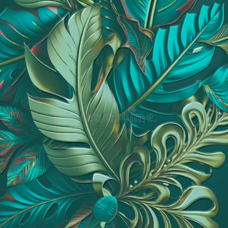 Leafy Floral Pattern Background with Surface Metallic Green Blue ...
