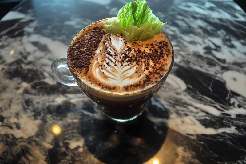 Leafy Garnish Cappuccino on Marble Table with Latte Art Stock ...