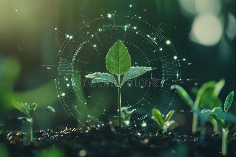 A Leafy Plant is Surrounded by a Glowing Circle of Technology Stock ...