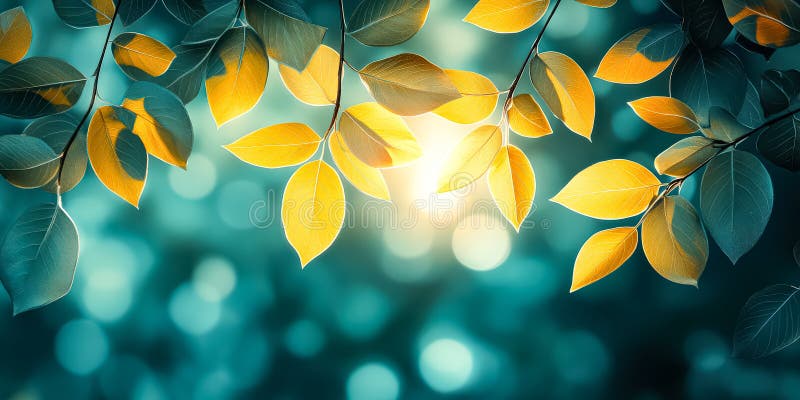 Leafy Tree Branch with a Bright Yellow Leaf in the Foreground Stock ...
