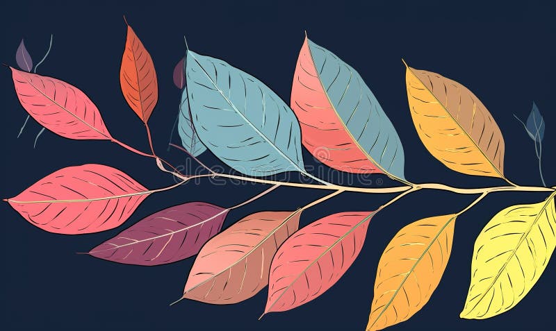 Leafy Wonderland, an Illustrated Branch with Colorful Foliage Stock ...