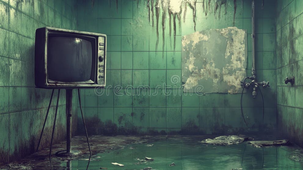 Leaking Ceiling in Abandoned Room with Vintage Television Stock Image ...