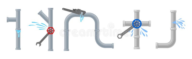 Leaking Water Pipe and Damaged Dripping Fitting Vector Set Stock Vector ...