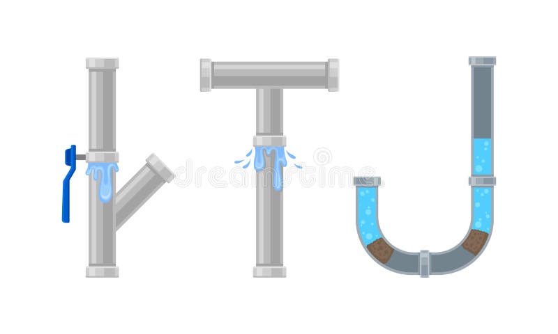 Leaking Water Pipe and Damaged Dripping Fitting Vector Set Stock Vector ...
