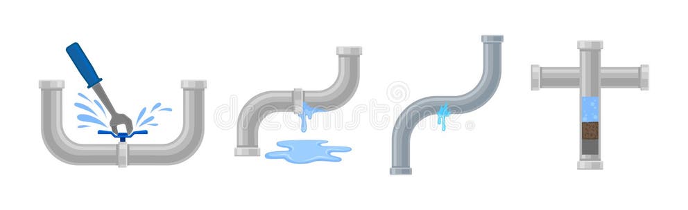 Leaking Water Pipe and Damaged Dripping Fitting Vector Set Stock Vector ...