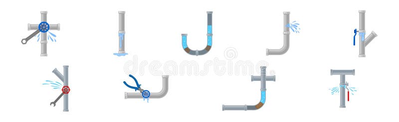 Leaking Water Pipe and Damaged Dripping Fitting Vector Set Stock Vector ...