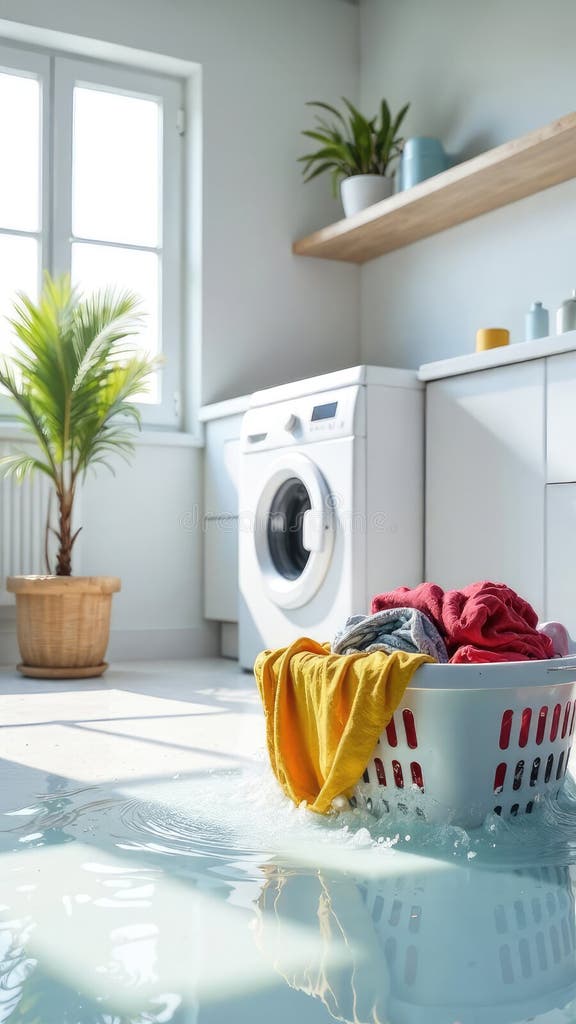 Leaky Washing Machine Flooded the Floor with Water. Broken Washing ...