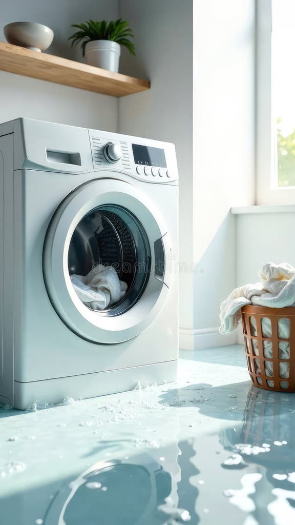 Leaky Washing Machine Flooded the Floor with Water. Broken Washing ...