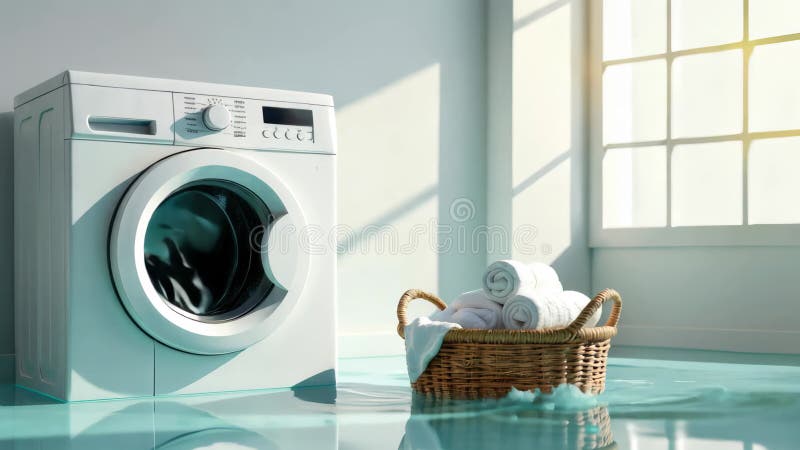 Leaky Washing Machine Flooded the Floor with Water. Broken Washing ...