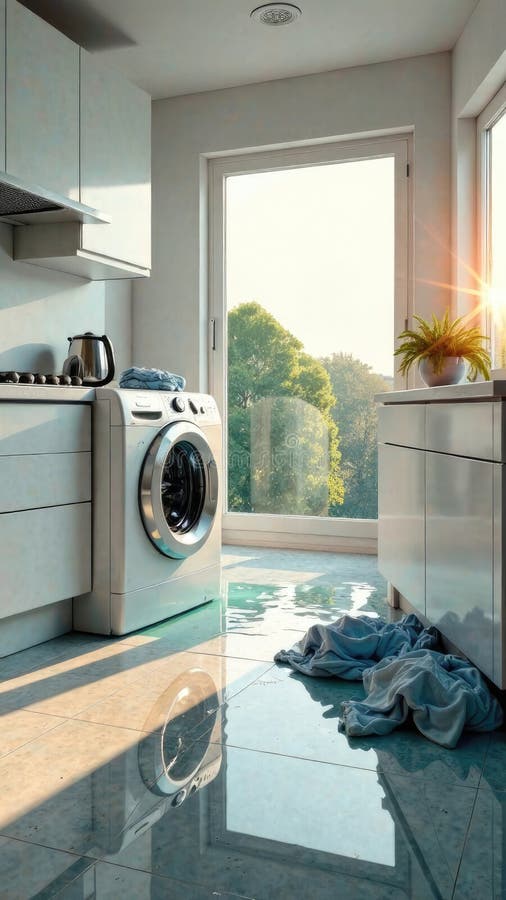 Leaky Washing Machine Flooded the Floor with Water. Broken Washing ...