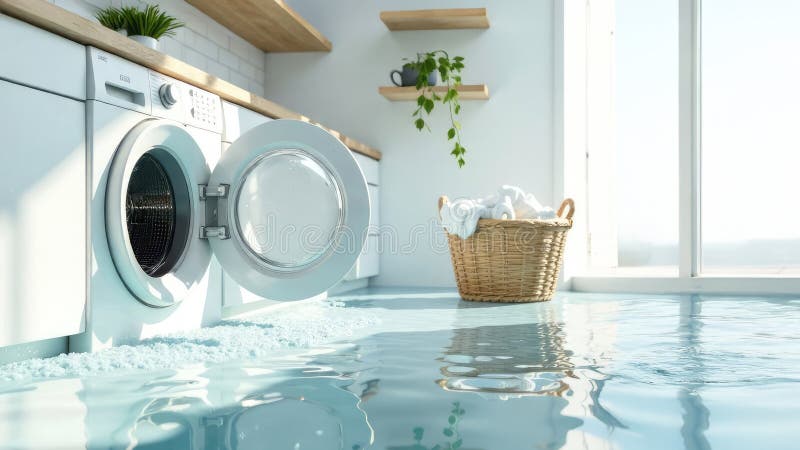 Leaky Washing Machine Flooded the Floor with Water. Broken Washing ...