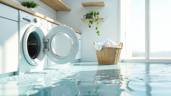 Leaky Washing Machine Flooded the Floor with Water. Broken Washing ...