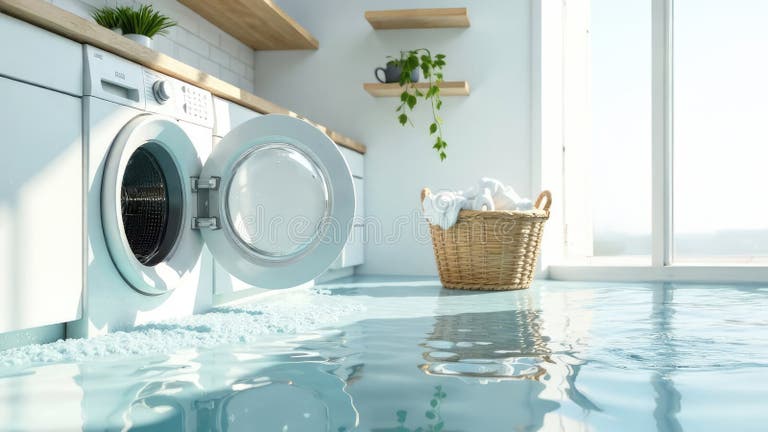 Leaky Washing Machine Flooded the Floor with Water. Broken Washing ...