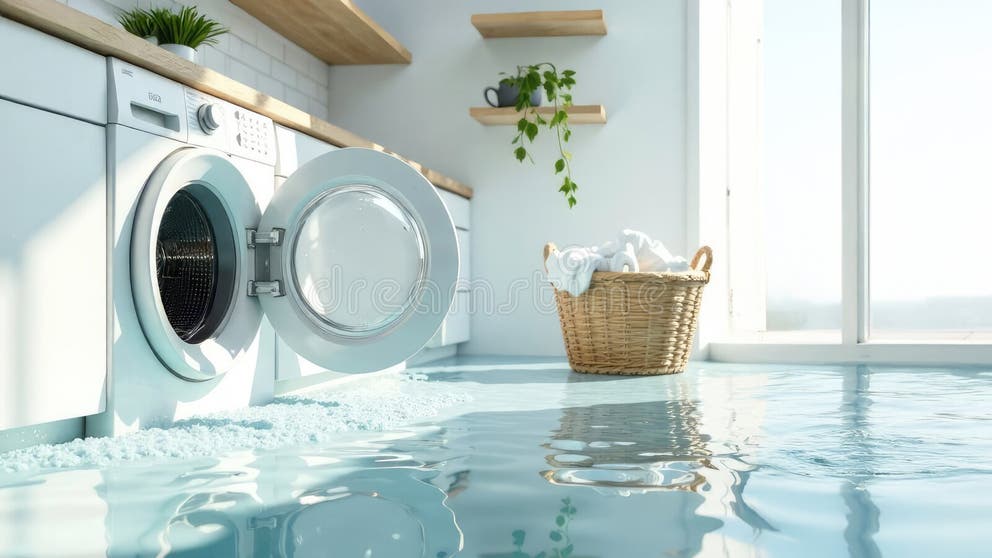 Leaky Washing Machine Flooded the Floor with Water. Broken Washing ...
